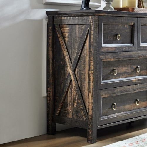 Farmhouse 7 Drawers Dresser for Bedroom Wood Rustic Dresser TV Stand Storage Dressers Organizer Dark Oak