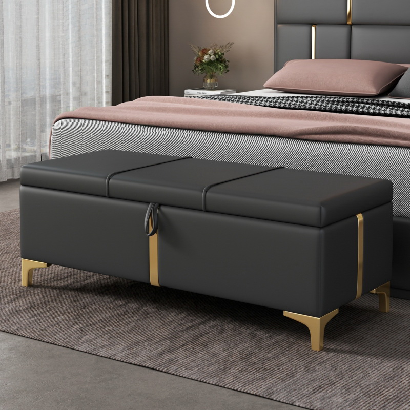 2 Pieces Bedroom Sets Queen Size Upholstered Platform Bed with Hydraulic Storage System Storage Ottoman with Metal Legs Black